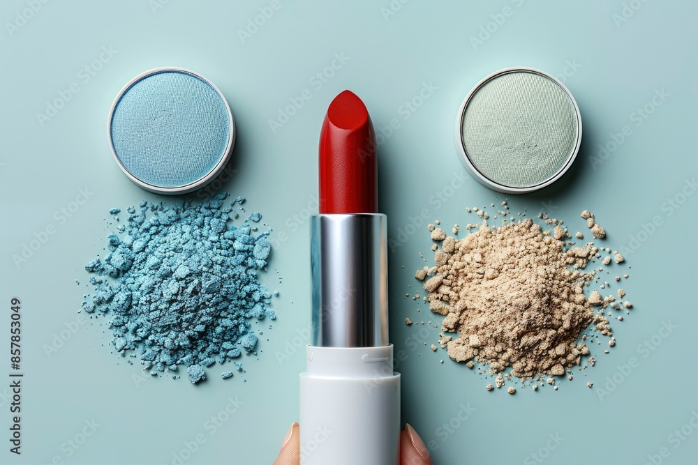 A hand grabs a red lipstick on a pale yellow background with three ...