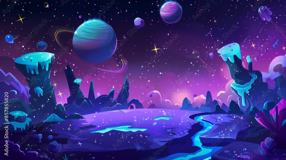 Cartoon 2D graphic space game level map with spaceship and alien ...