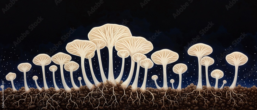 Complex mycelium growth depicted in a soil cutaway, fine white rootlike ...