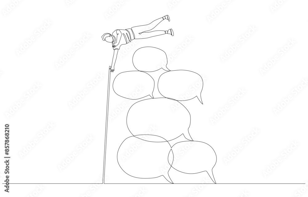 Continuous one line drawing of young man jumping pole vault over pile ...