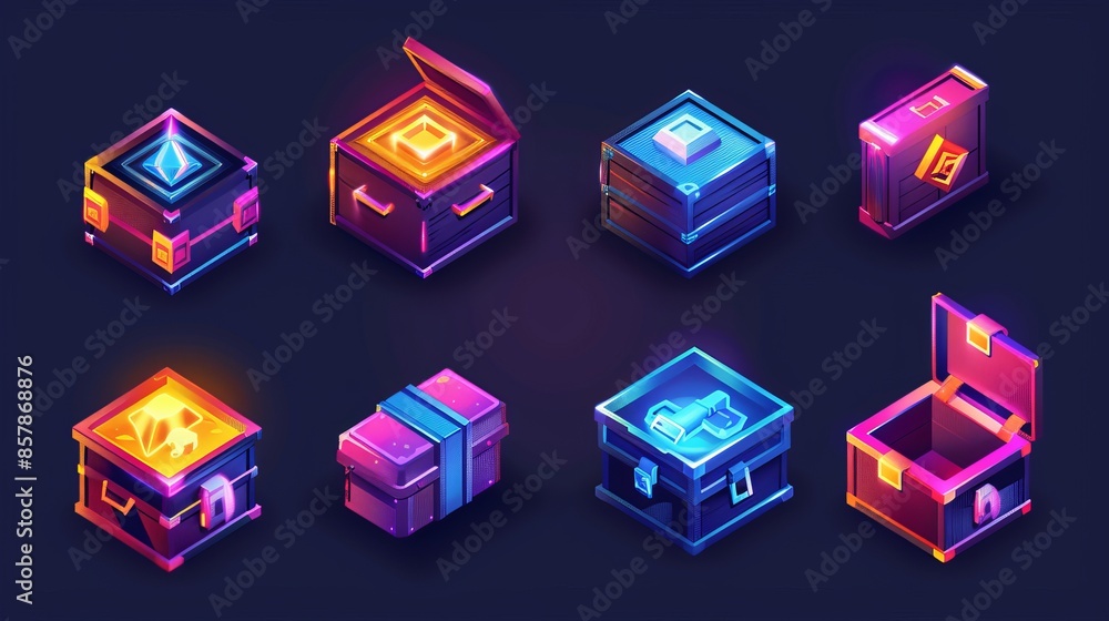 Game futuristic boxes. Sci-fi loot boxes with electronic lock and neon ...