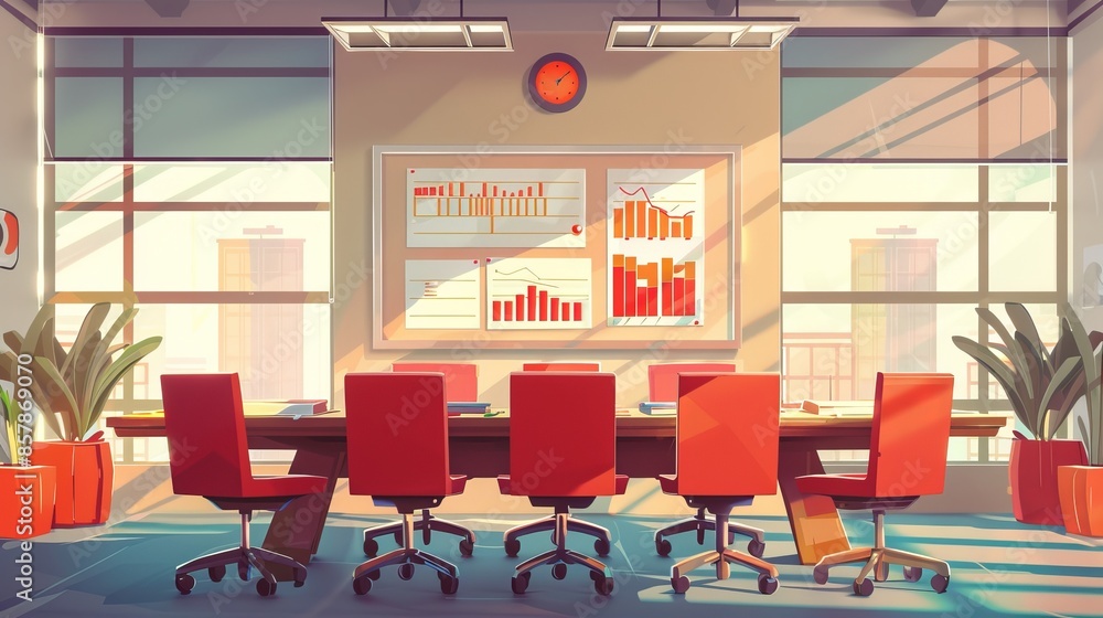 Business meeting room with table, chairs, whiteboard, mess, modern ...