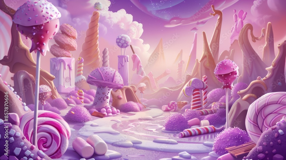 Imaginative sweet candy land game landscape. Cute cake and ...