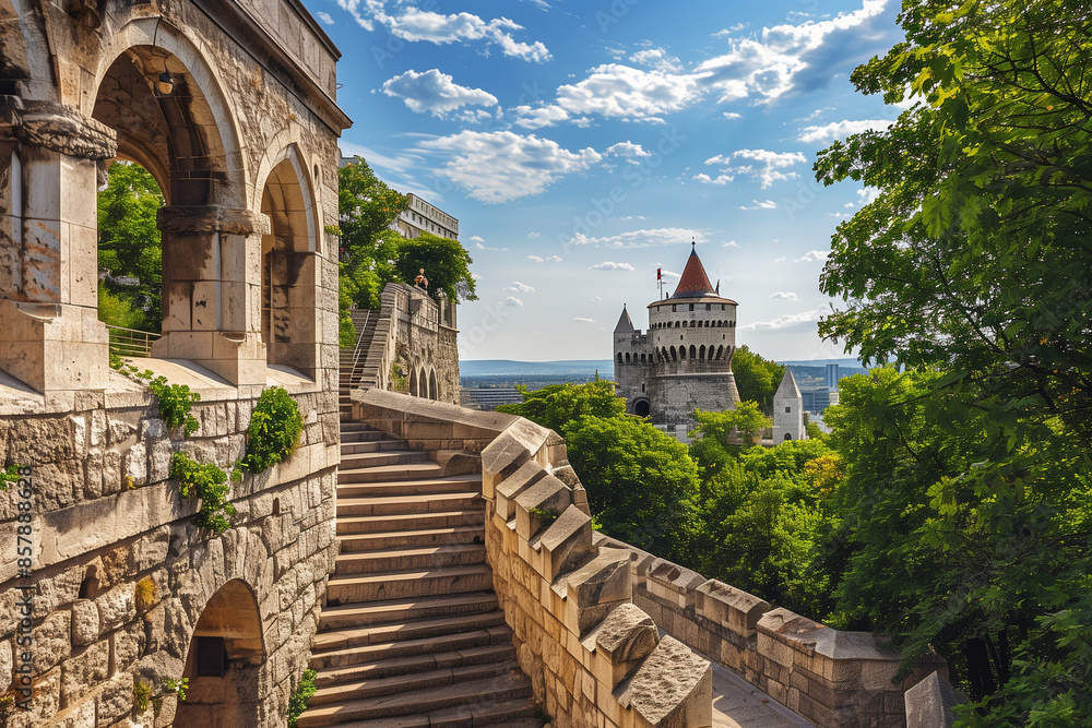 Photo of a medieval castle in Budapest, view from the top tower with ...