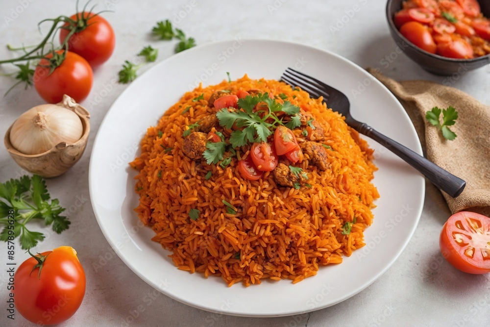 African Cuisine Jollof Rice: An overhead shot of a minimalist Jollof ...