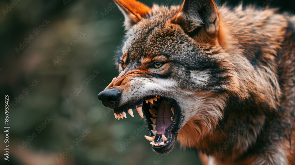 Detailed close up of an angry wolf growling, mouth open, sharp teeth ...