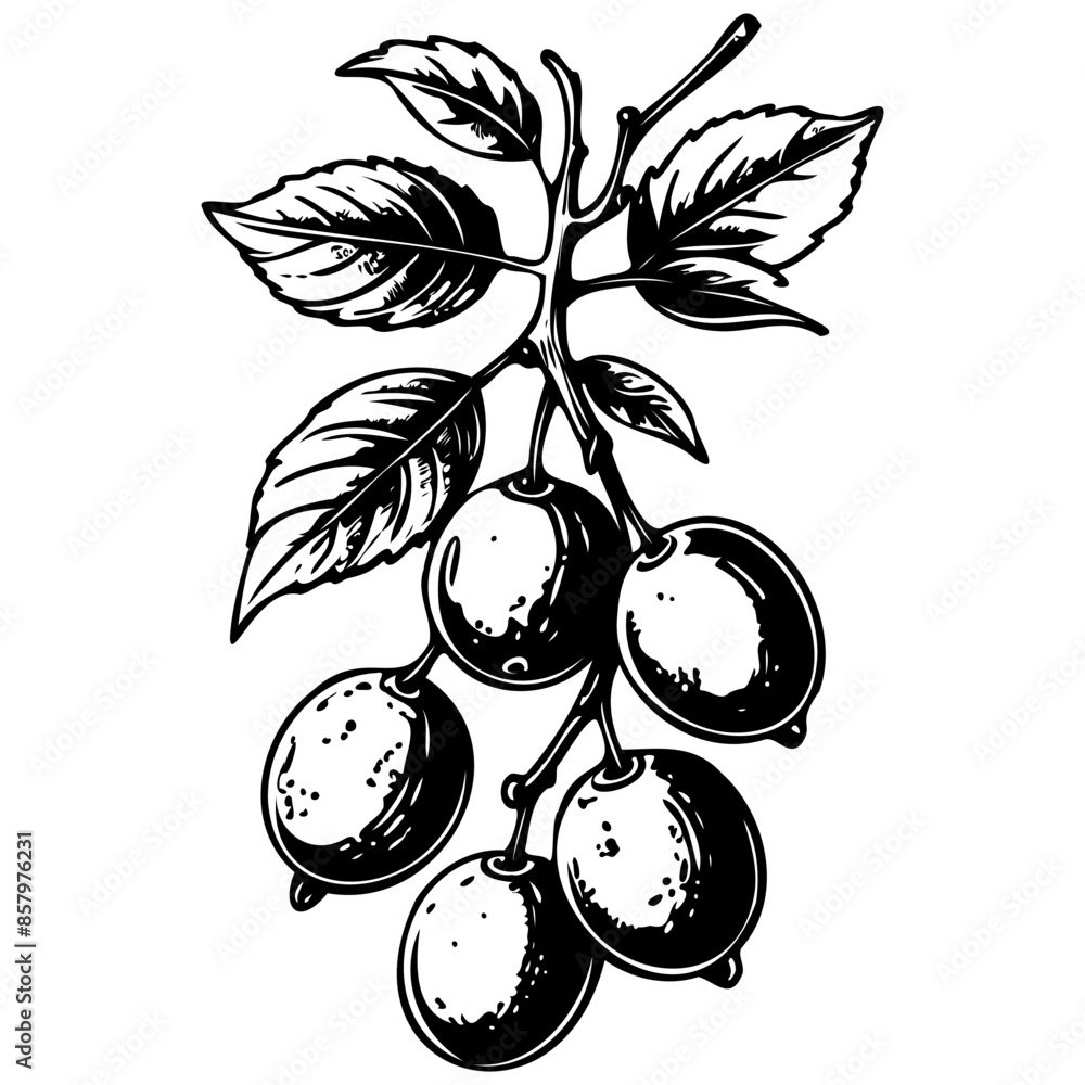 Sloe drawing, outline cartoon fruit, vector engraving with transparent ...