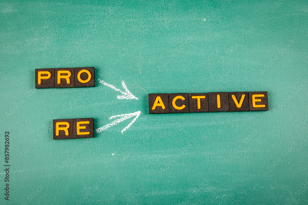 Proactive and Reactive Concept. Old letter tiles on a green chalkboard ...