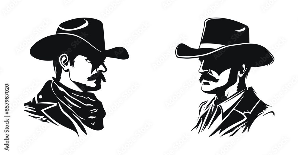 Cowboy portraits in profile vector black and white illustration ...