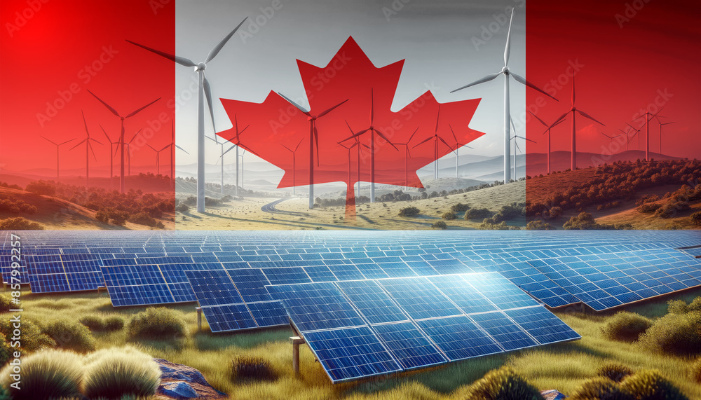 Canada flag waves over a field of solar panels and wind turbines ...