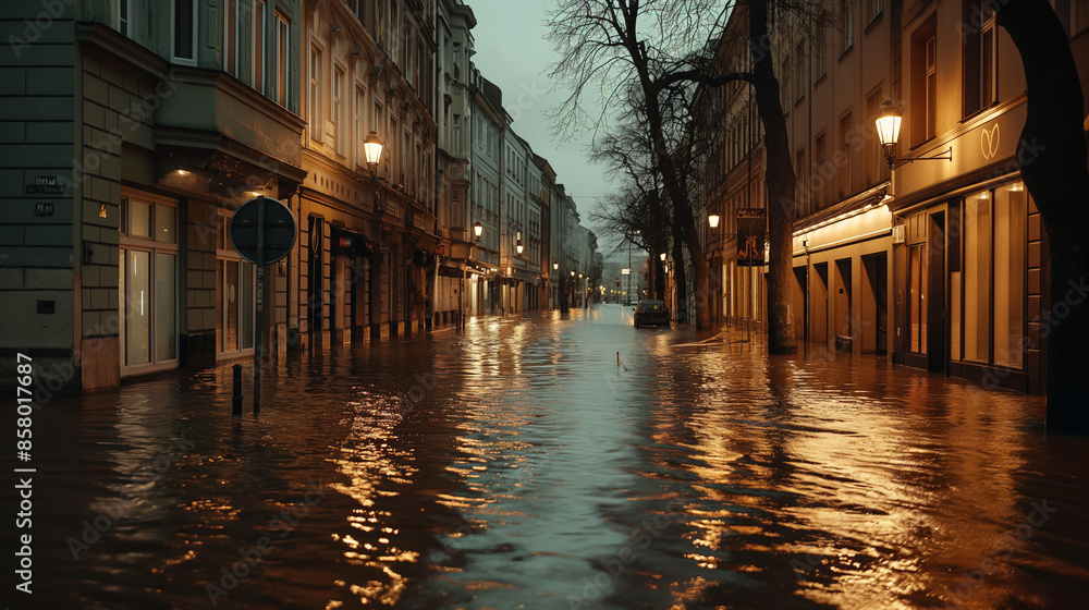 Flooded empty street in a European city at night in a fictional ...