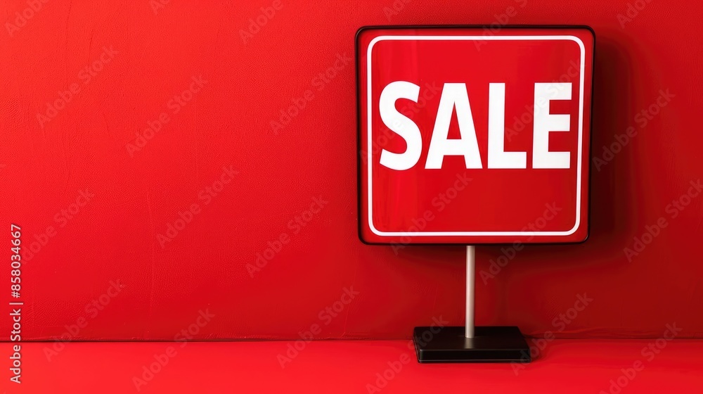 Bright red sale sign with bold white lettering on a simple black ...