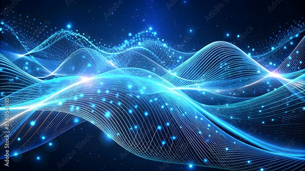 Abstract blue tech background with digital waves, dynamic network system, artificial neural ...
