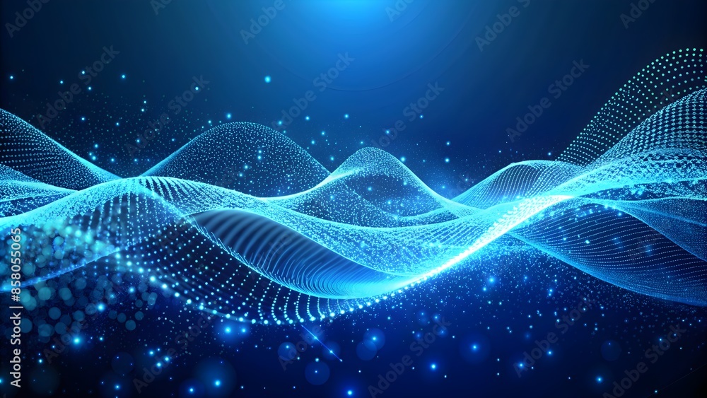 Abstract blue tech background with digital waves, dynamic network system, artificial neural ...