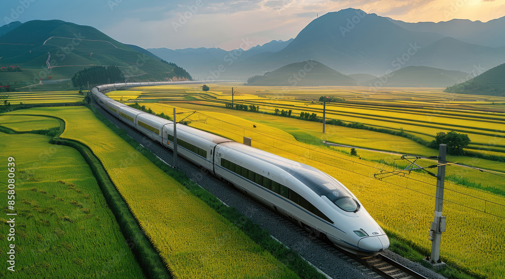 High-speed train passing through rice fields in southern China. Aerial ...