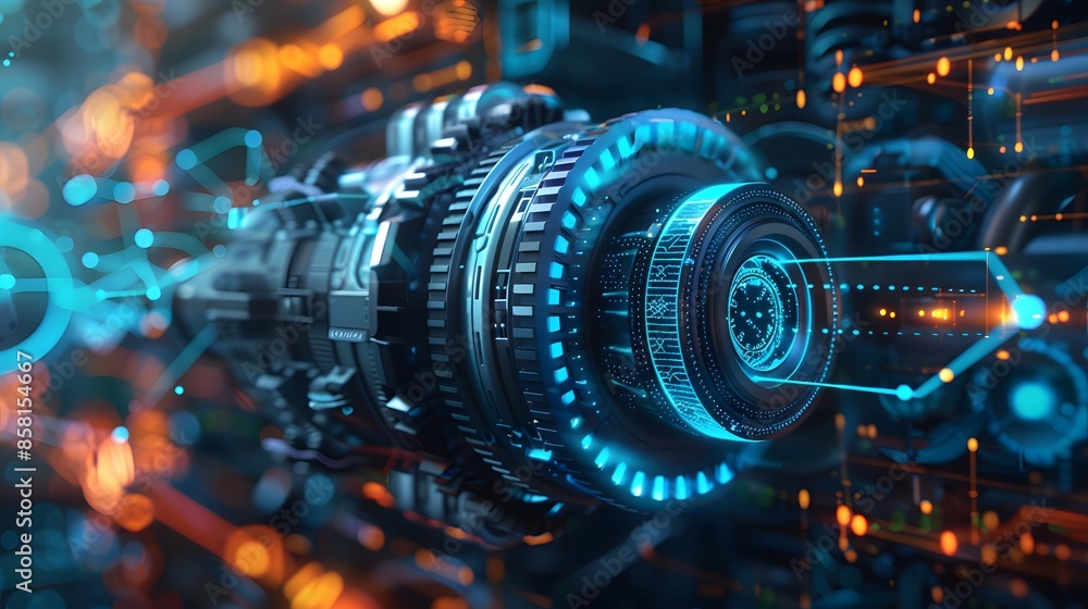 A digital illustration of an electric motor with gears and blue ...