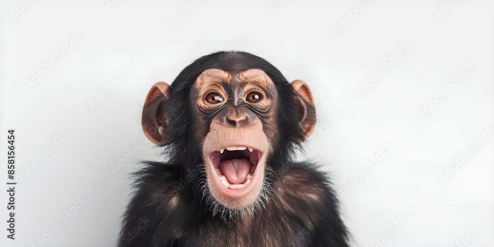 Happy chimpanzee with surprised expression laughing on a white ...