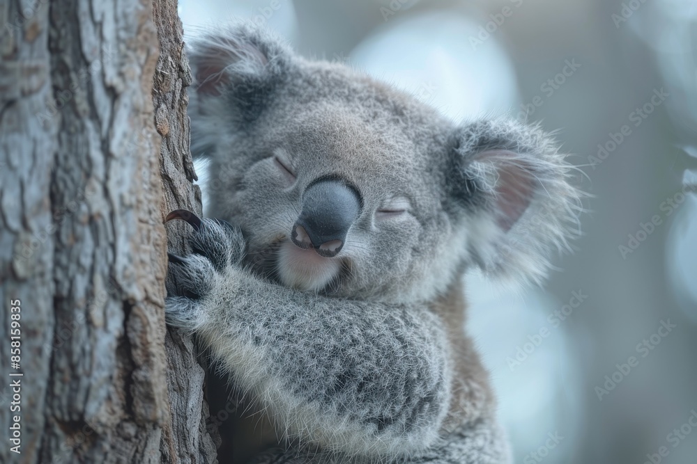 A sleepy koala bear hugging the trunk of a eucalyptus tree, with its ...