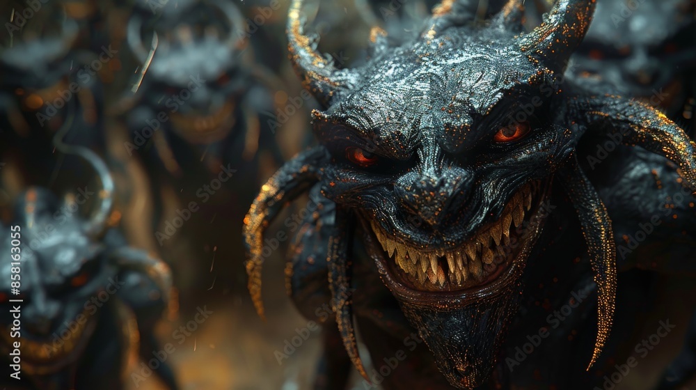 An artistic depiction featuring a group of terrifying demonic creatures ...