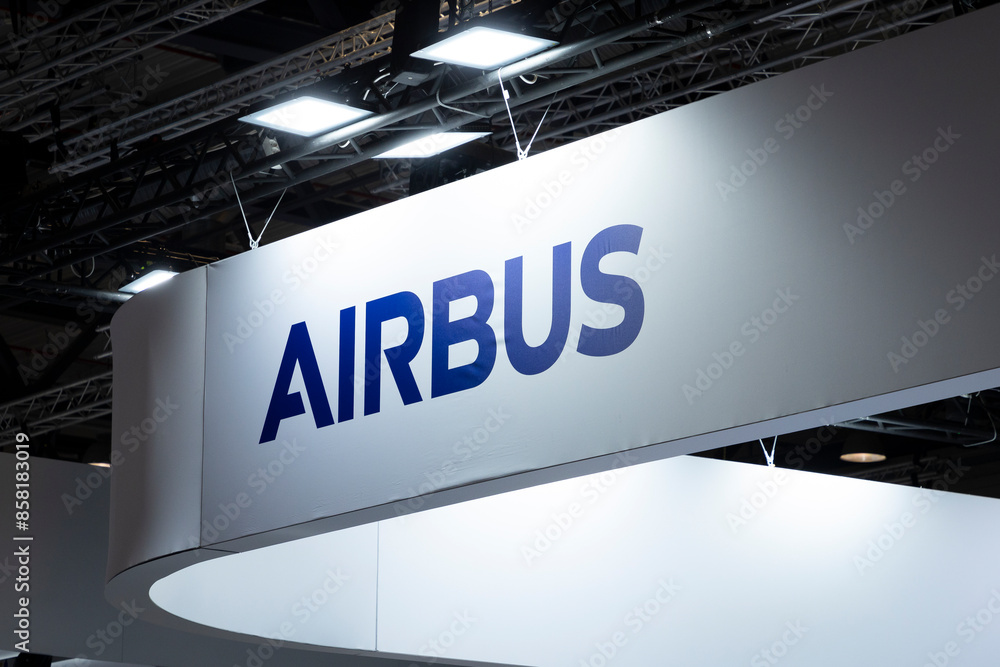 Airbus company logo banner on exhibition at ILA Berlin aviation fair ...