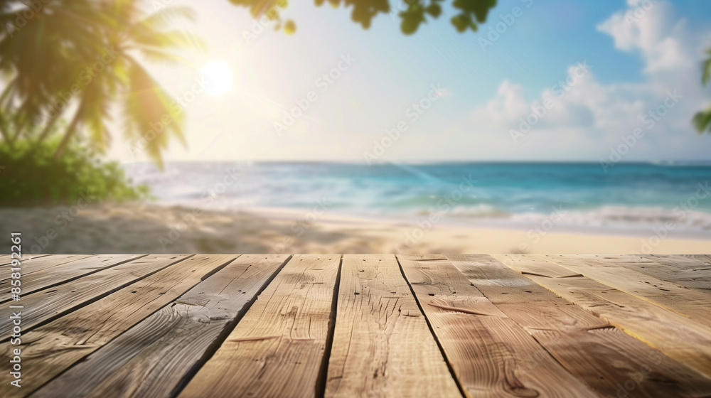 Empty wooden table with tropical beach background for montage or ...