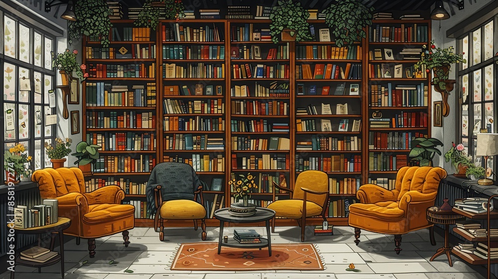 A charming, hand-drawn illustration of a cozy bookstore, with shelves ...
