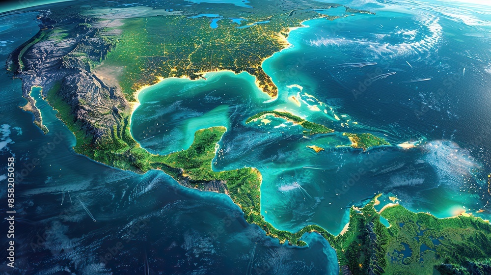 Panoramic map of Central America and the Caribbean, showcasing Earth ...
