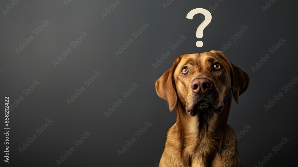 Dog with question mark lights above head on a blank background for text ...