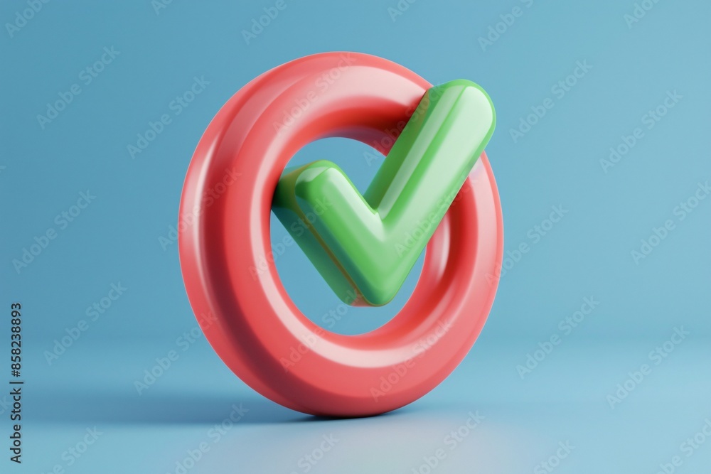 3D green check mark within a red circle on a blue background ...