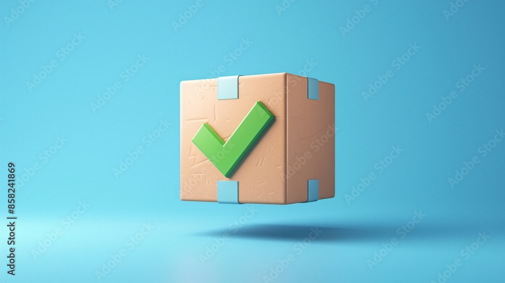 Cardboard box with a green check mark symbol floating above a blue ...