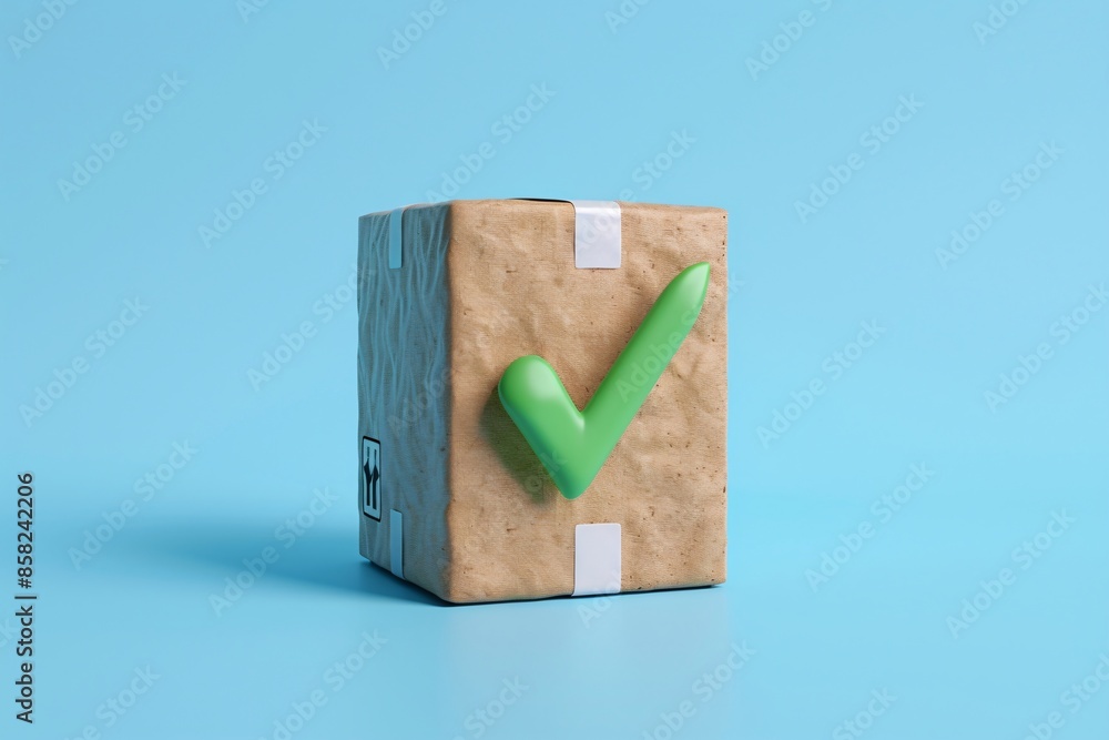 Cardboard package with green check mark on blue background, symbolizing ...