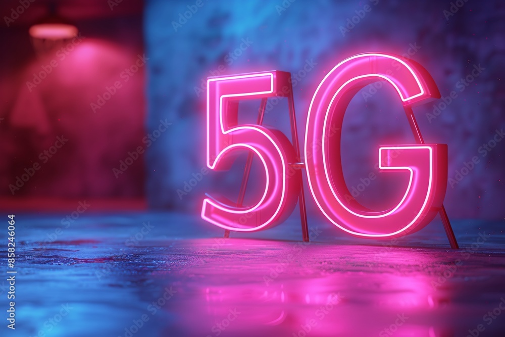 Neon 5G sign in vibrant pink and blue lighting, symbolizing fast high ...