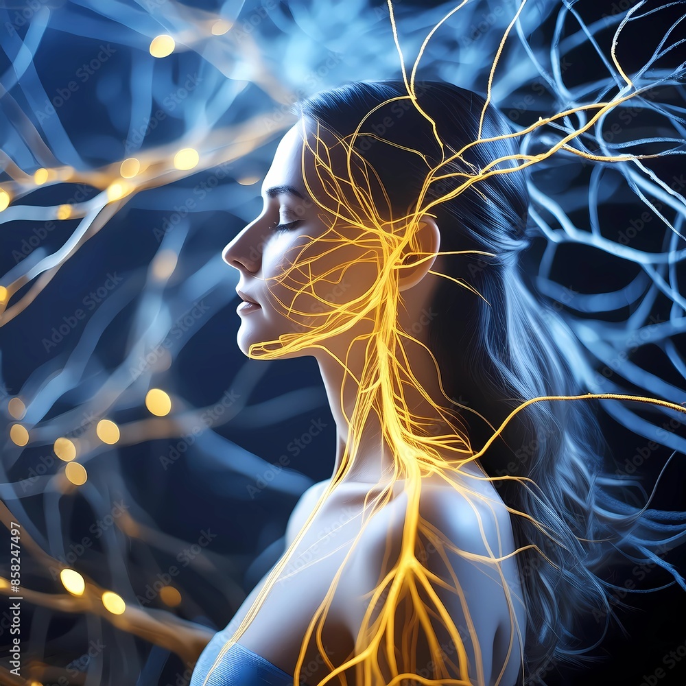 medical representation of the vagus nerve, nerve pathways, people with ...