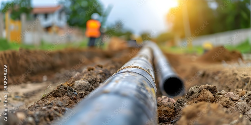 Installing sewage pipes during house construction. Concept Sewage pipes ...