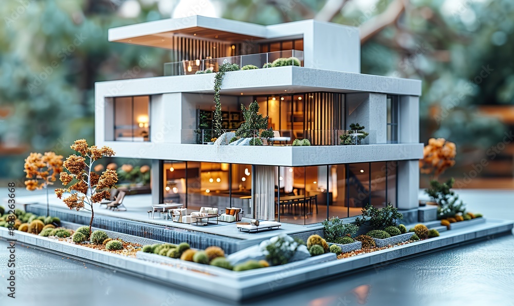 Modern residential building model with blueprints, elevations, and CAD ...