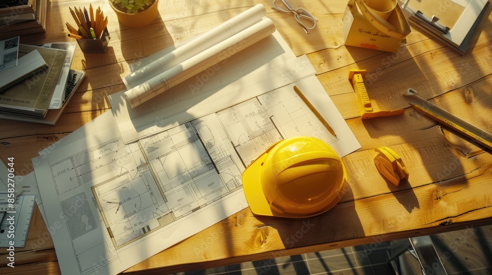 Architect's desk with blueprint floor plan, yellow helmet, and pencil ...