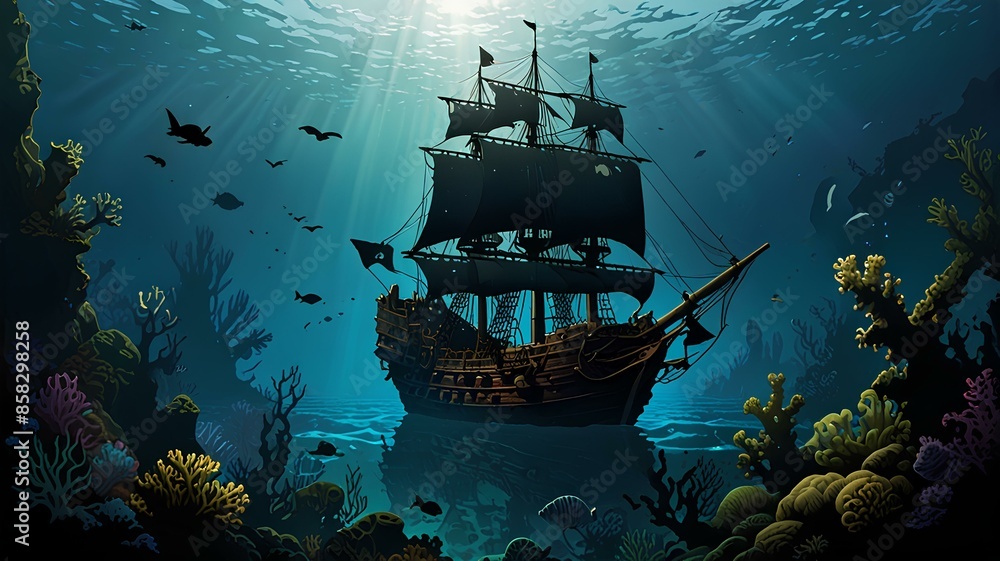 Vector background of an ocean underwater landscape with a sunken ...