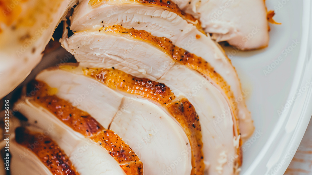 Fresh and minimalist portrayal of slices of juicy grilled chicken ...