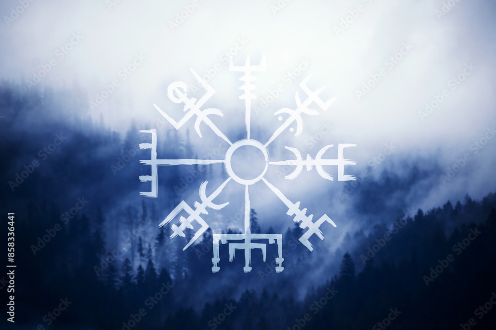Hand drawn norse symbol of vegvisir also known as viking compass. Stock ...