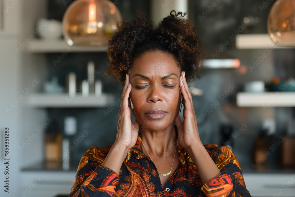 Stressed woman with closed eyes in kitchen with migraine. Ideal for ...