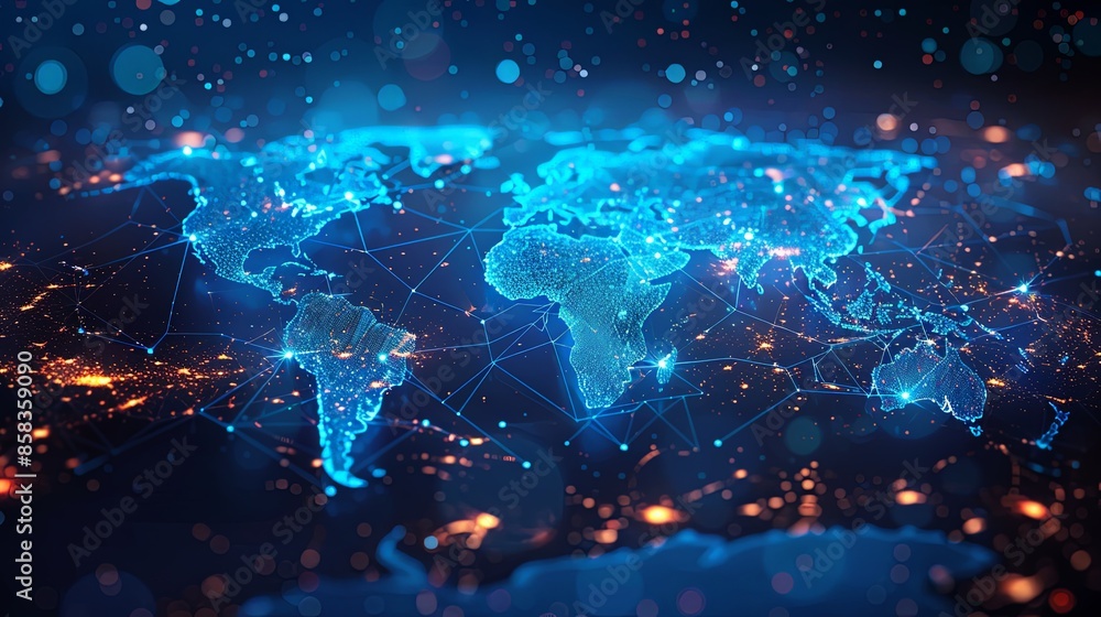 A blue digital world map marked by vivid network lines, portraying the ...