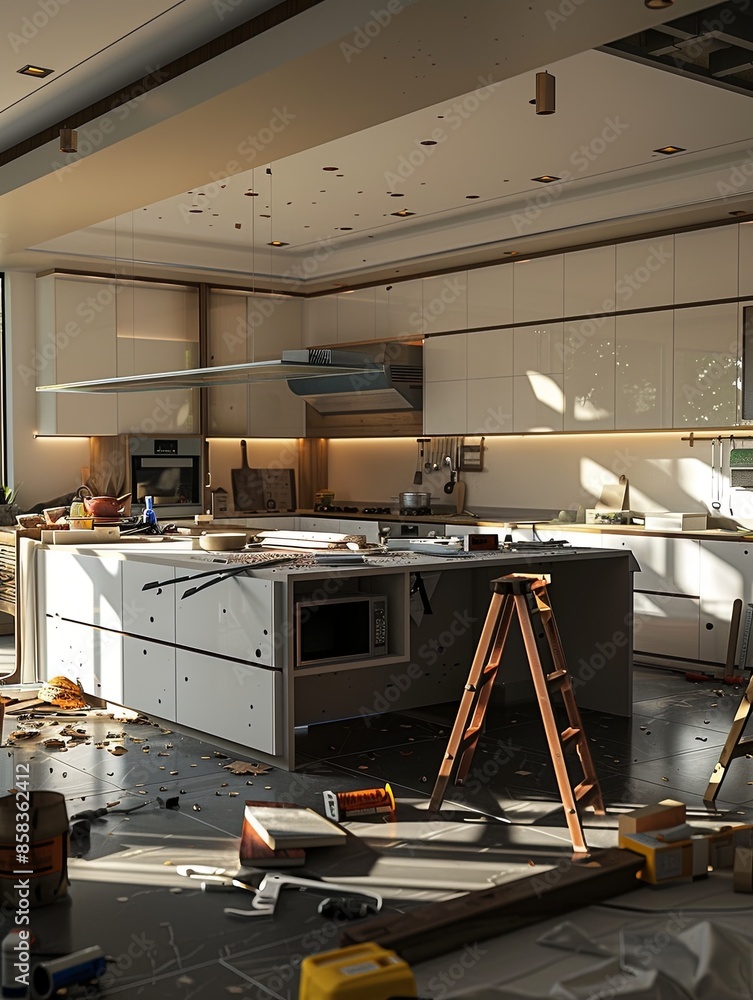 A modern kitchen under renovation, with new cabinets being installed ...