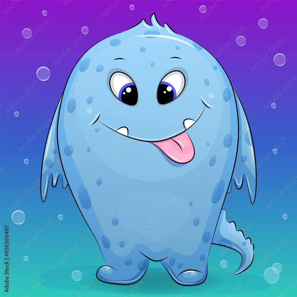 Cute cartoon blue baby monster in the water. Vector illustration of a ...