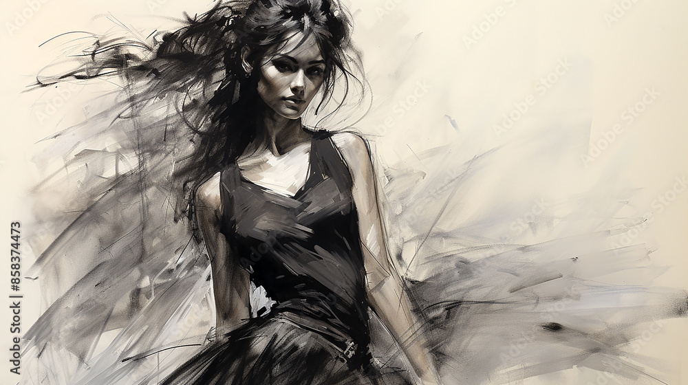 wide entertainment banner, black and white illustration charcoal pencil ...