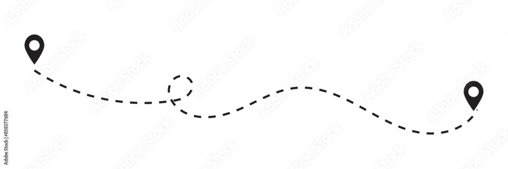 Route location icon, three map pin sign and road or path, start and end ...