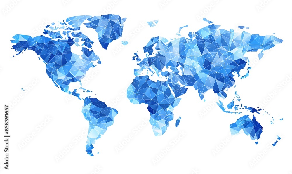 Vector illustration of world map made from blue triangles on a white ...