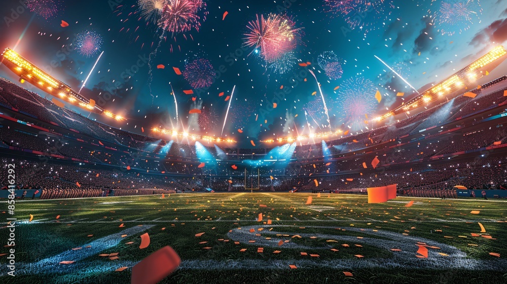 An American football stadium at night with fireworks exploding in the ...
