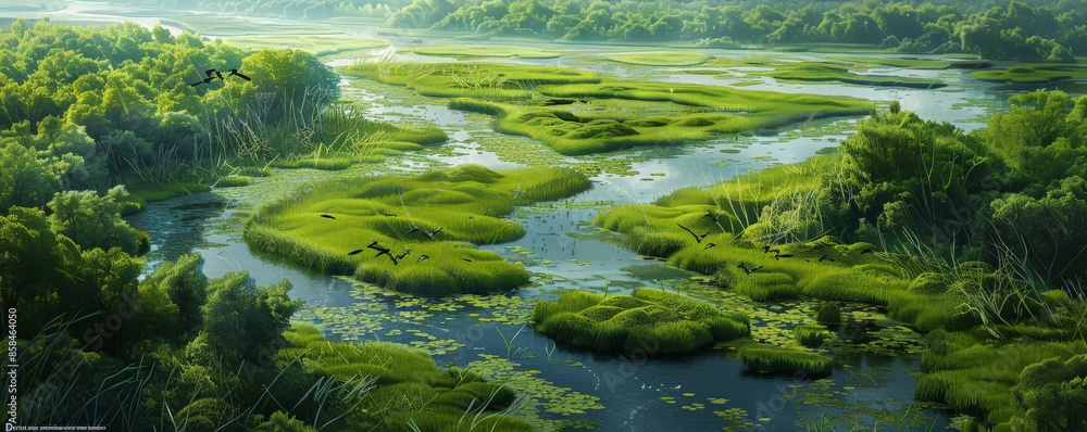 A serene river delta background with winding waterways, lush vegetation ...
