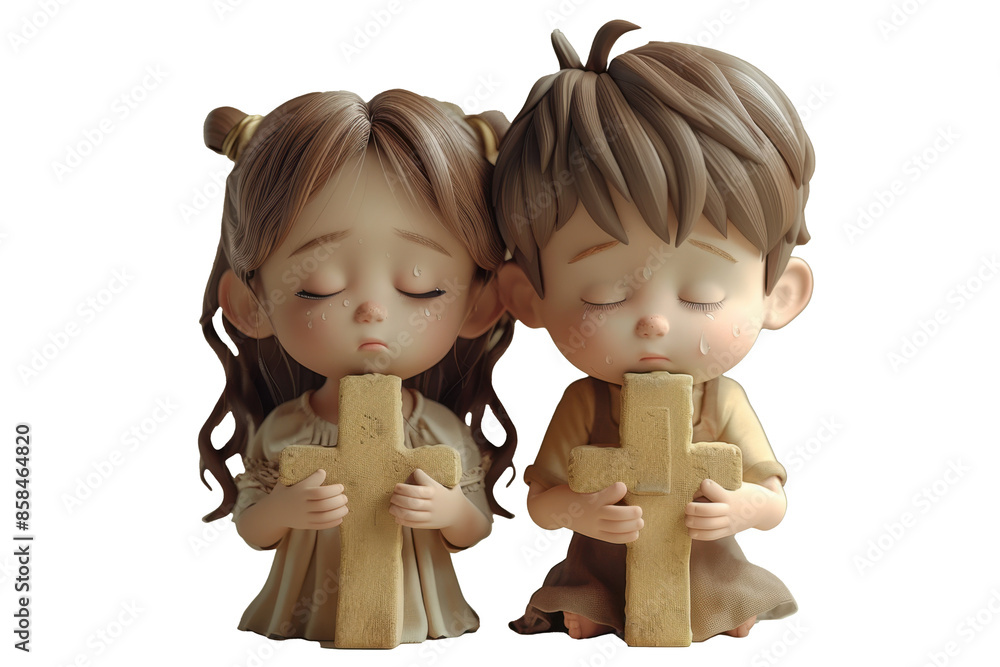 Two sad children kneel holding wooden crosses in a solemn and emotional ...