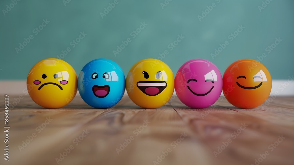 Five smiley faces ball smiling crying angry expression blur background ...